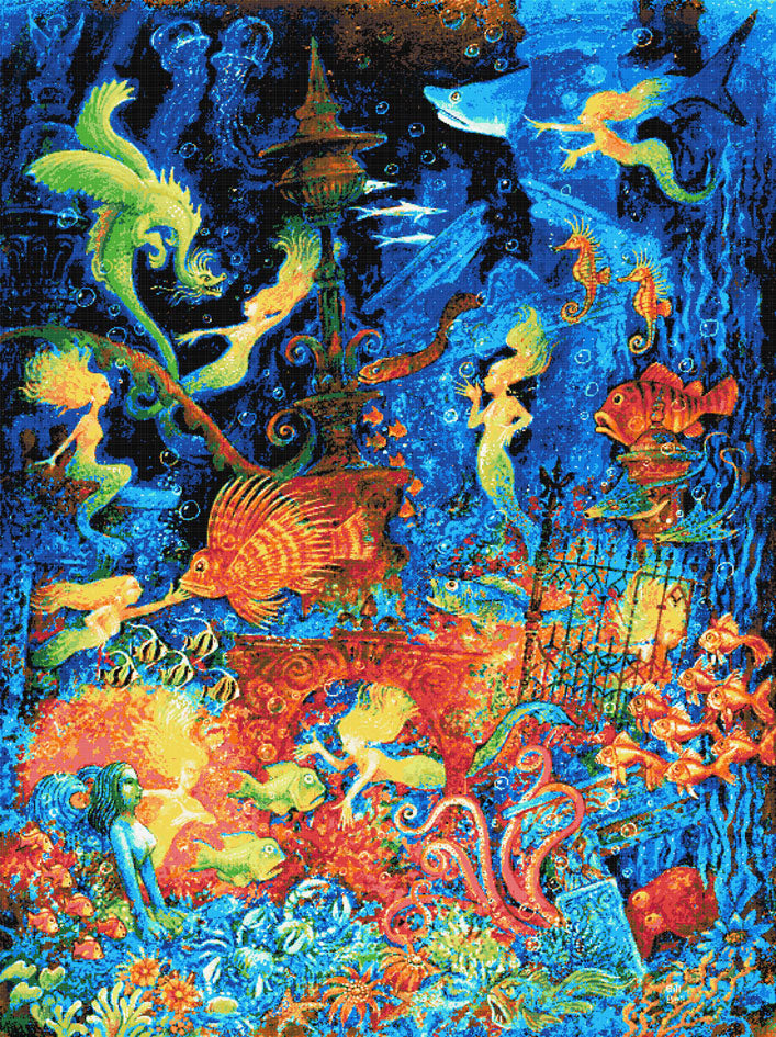 Mermaids of Atlantis (v2) extra large cross stitch kit | Yiotas XStitch