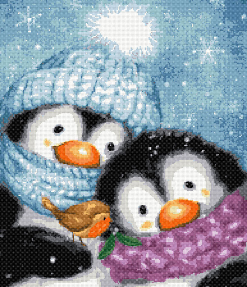 Penguins with robin (v2) cross stitch kit | Yiotas XStitch