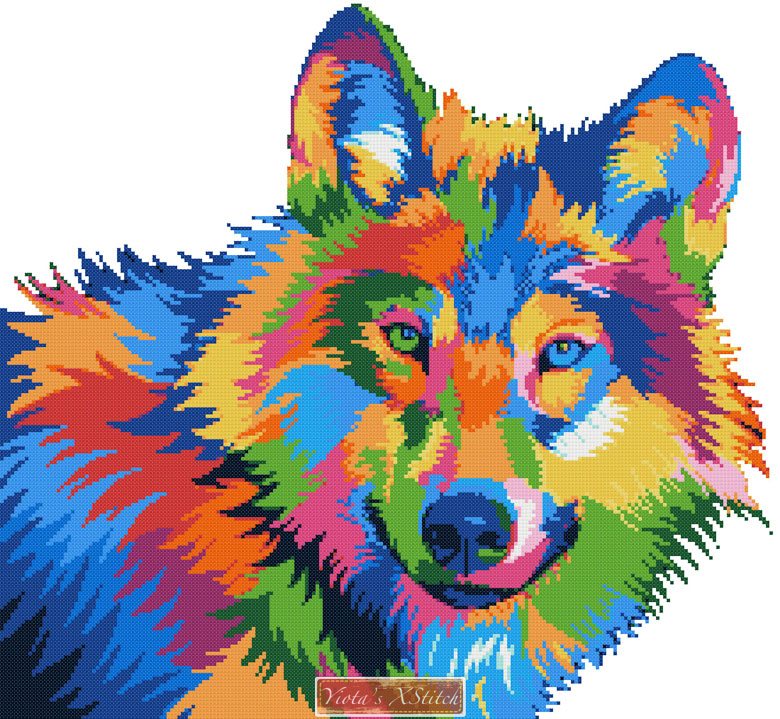 Rainbow wolf (v3) modern cross stitch kit | Yiotas XStitch